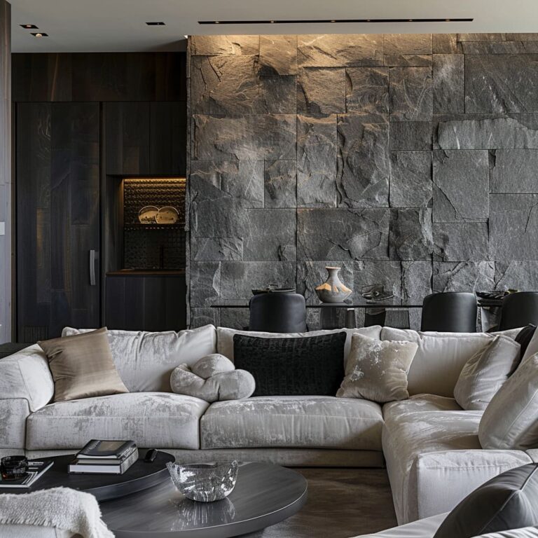 Modern Luxury Living Room Ideas with Stone Wall Accents