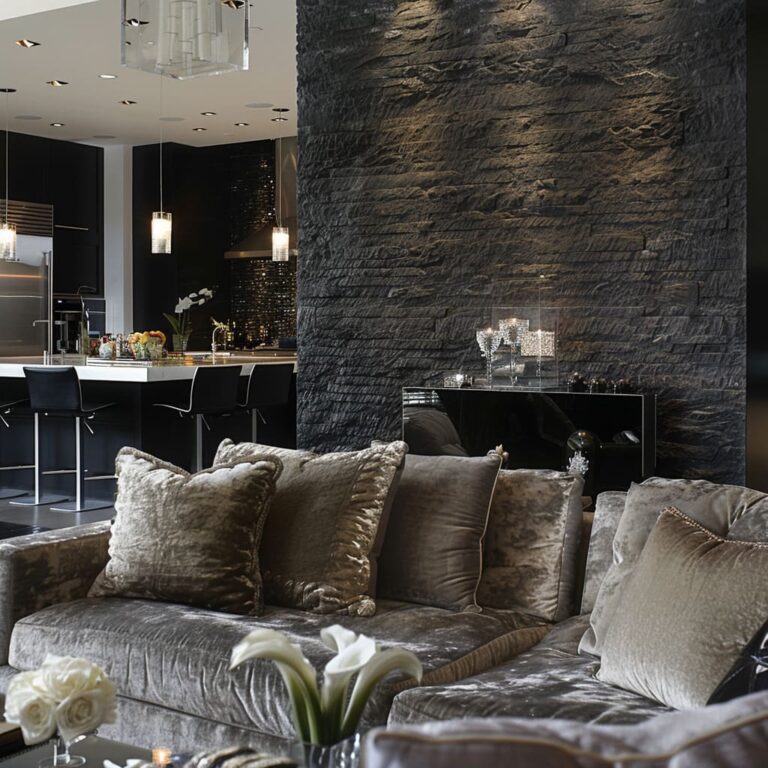 Modern Luxury Living Room Ideas with Stone Wall Accents