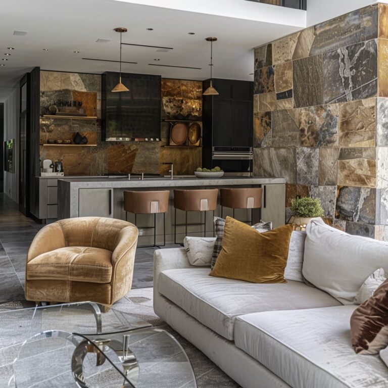Modern Luxury Living Room Ideas with Stone Wall Accents