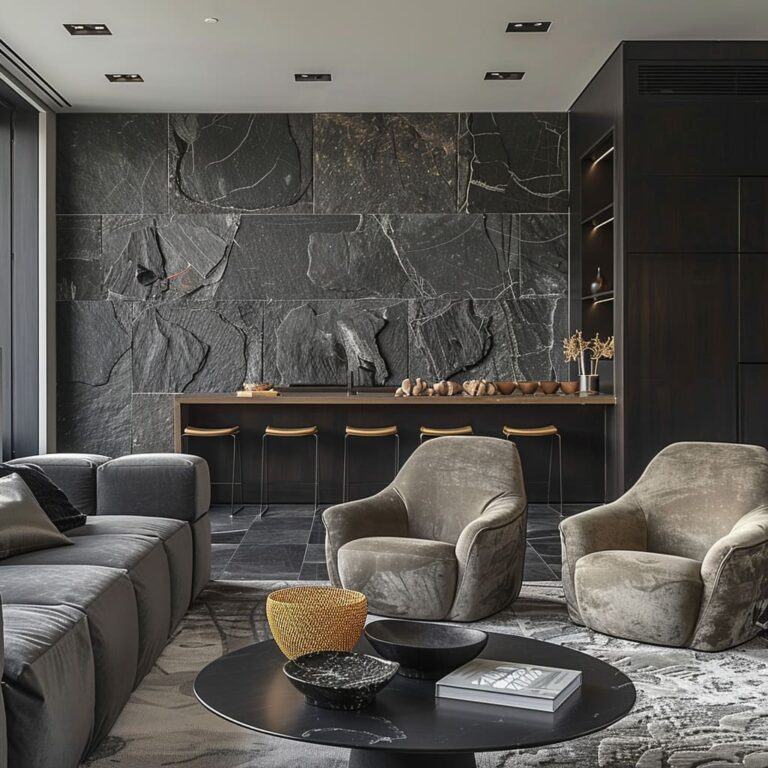 Modern Luxury Living Room Ideas with Stone Wall Accents