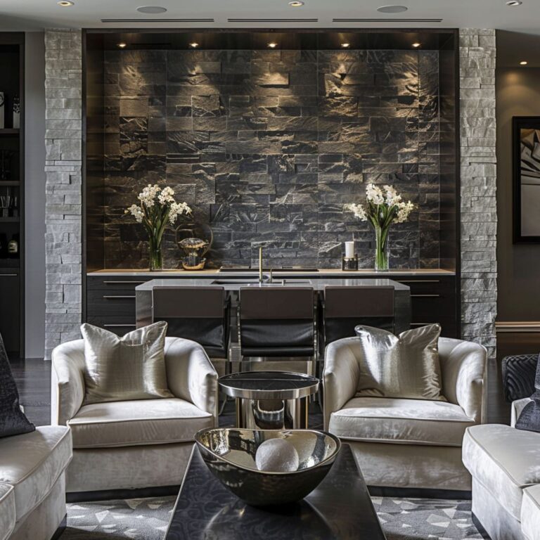 Modern Luxury Living Room Ideas with Stone Wall Accents