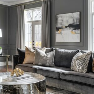 How Grey Hues and Luxe Finishes Create a Classy Living Room